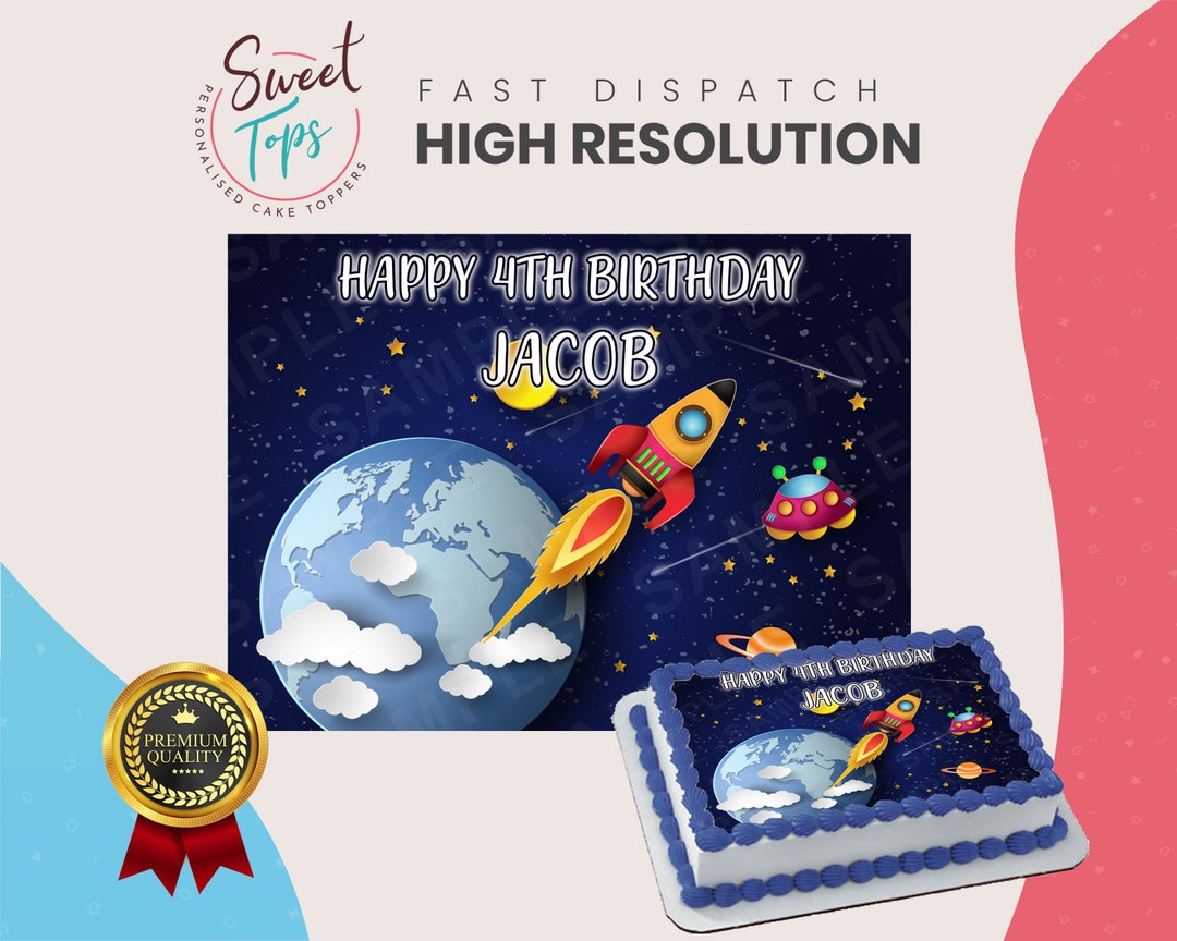 Kids Space Theme Rectangle Edible Cake Topper Decoration Personalised ...