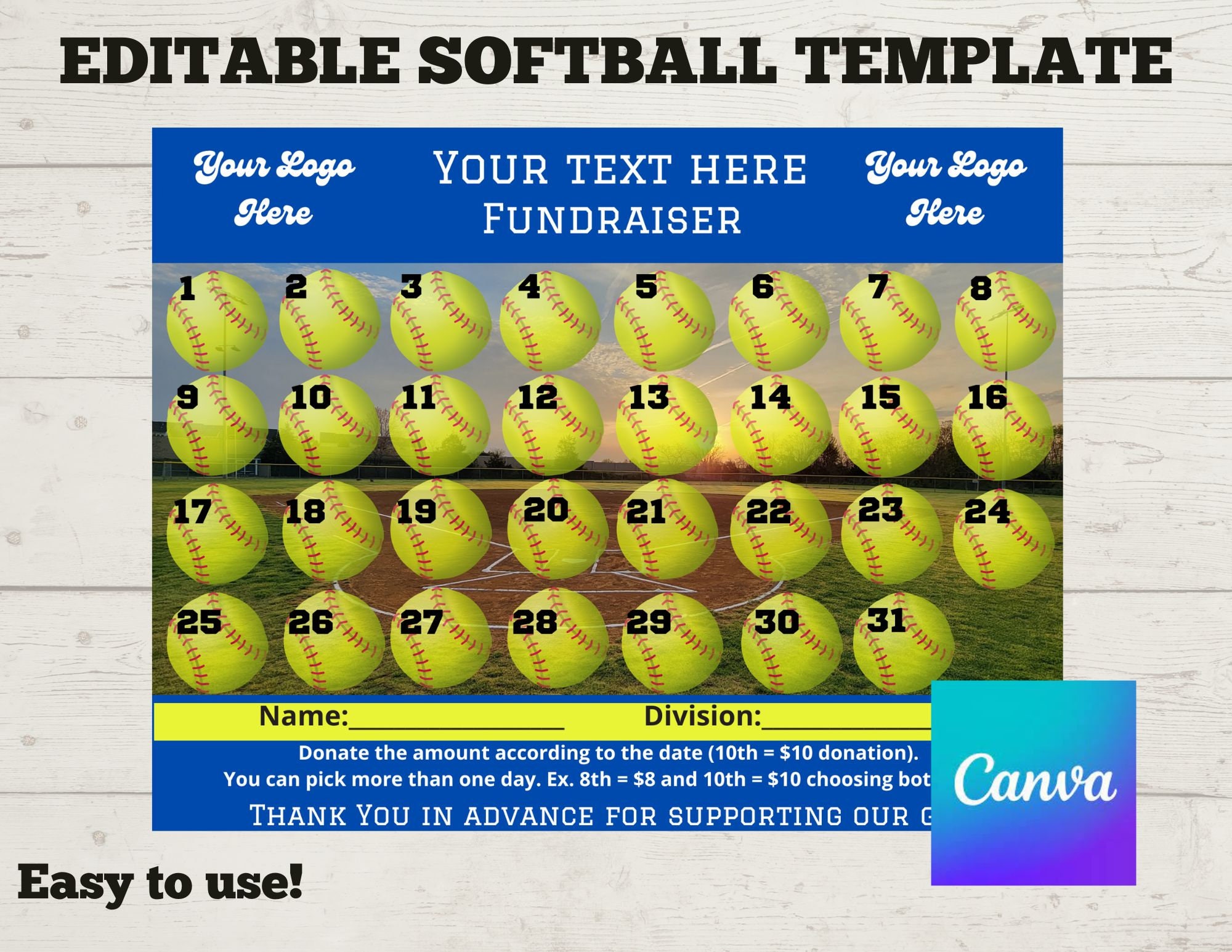 Editable Pick A Day Softball Calendar - Etsy