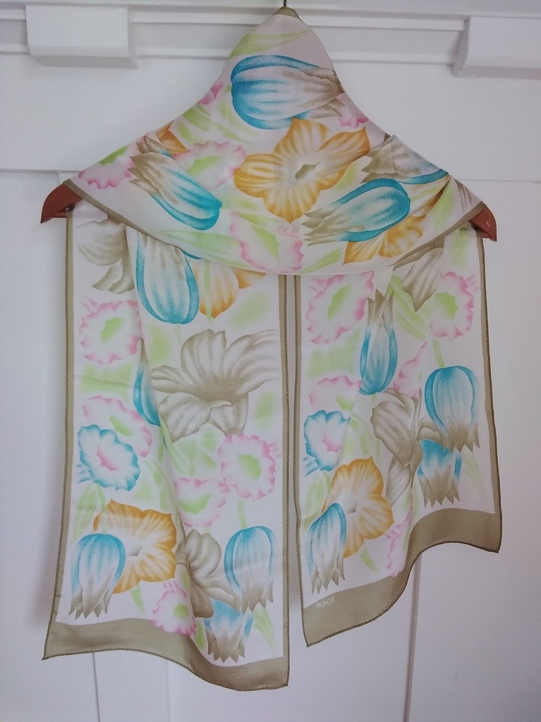 Echo silk oblong floral scarf, 90s // 1990s elegant floral rectangular ...