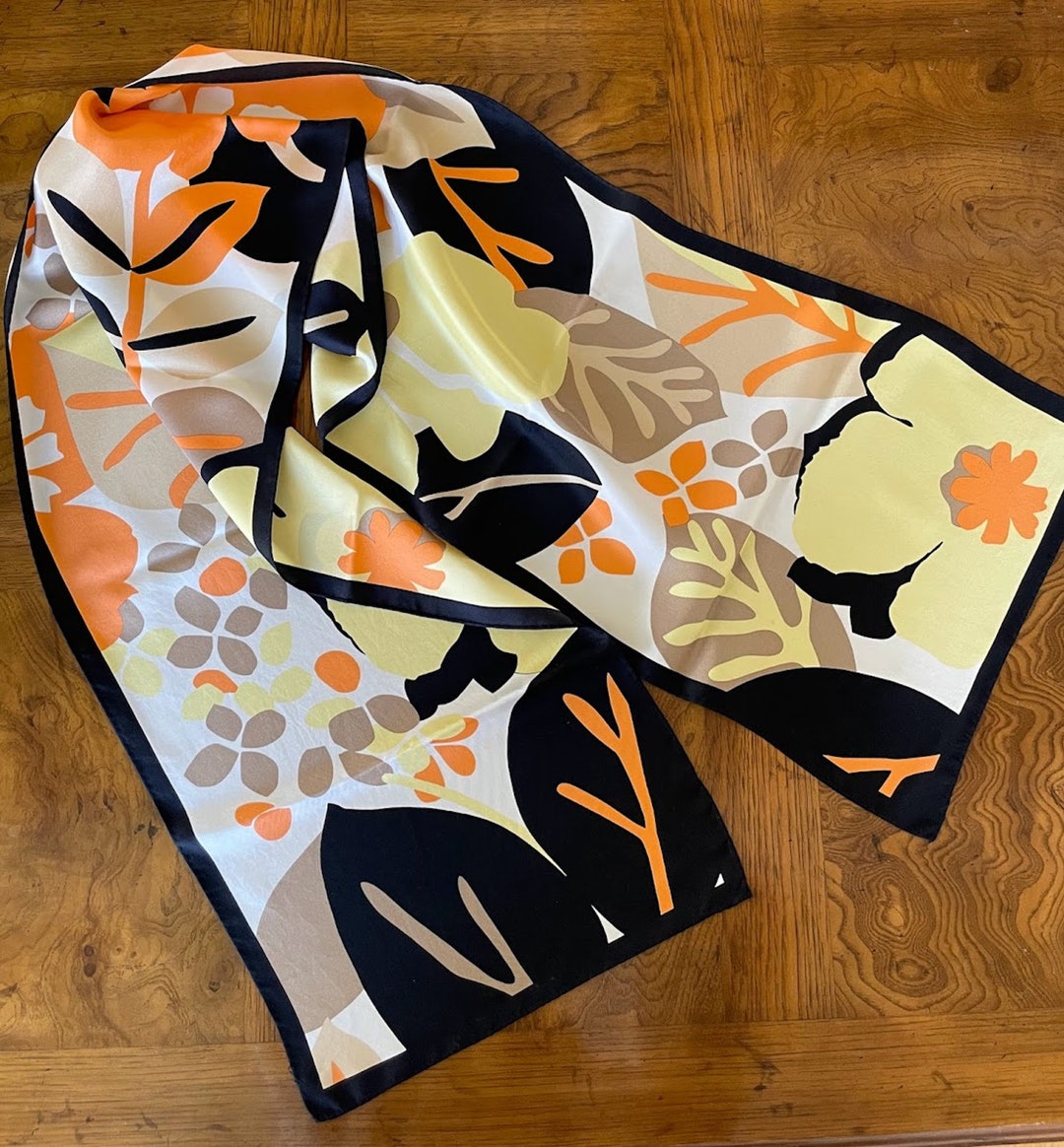 Bold Modern Floral Silk Scarf, Oblong 90s // Rectangular, Warm Colour ...
