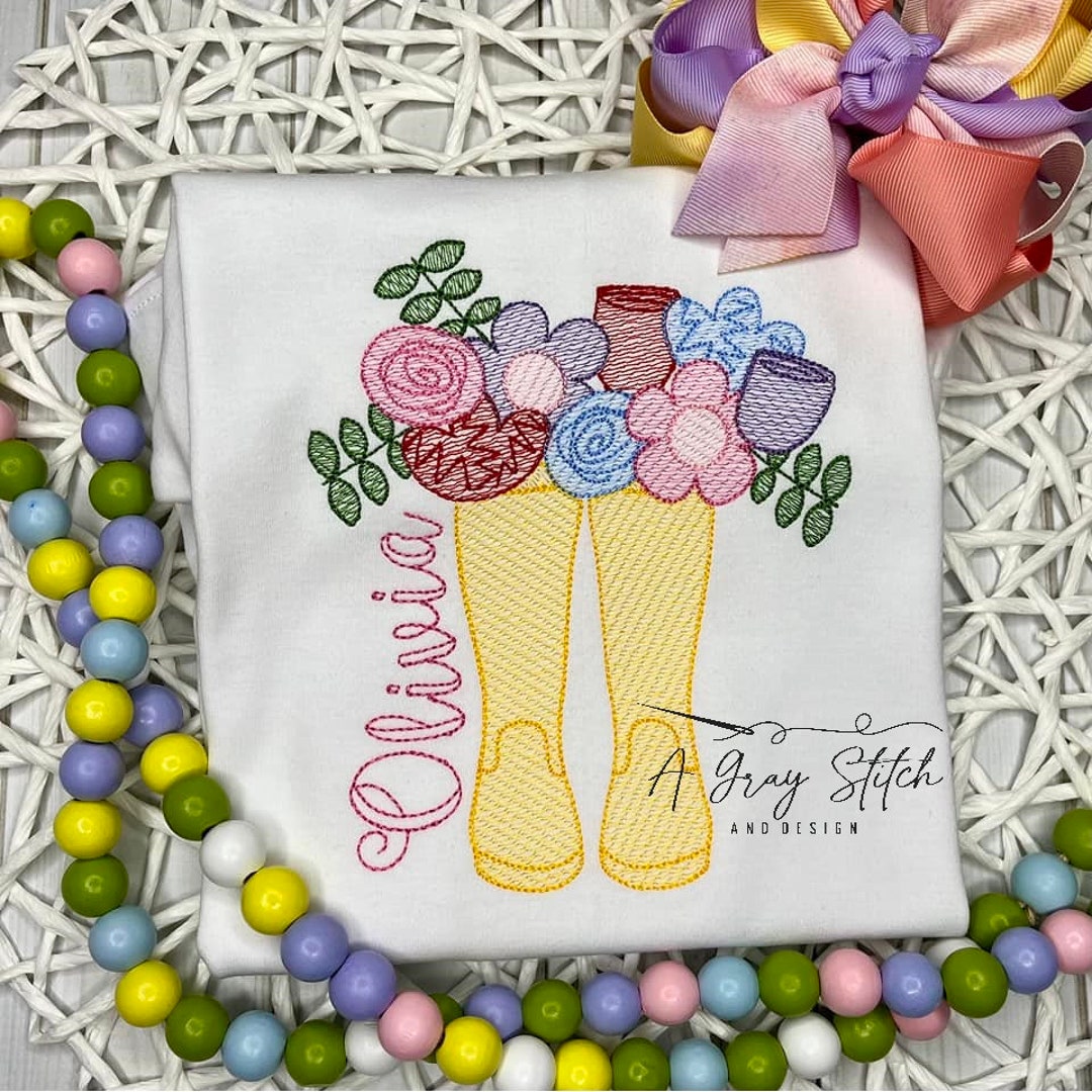 Floral Wellies Girly Sketch Fill Machine Embroidery Quick Stitch Design ...