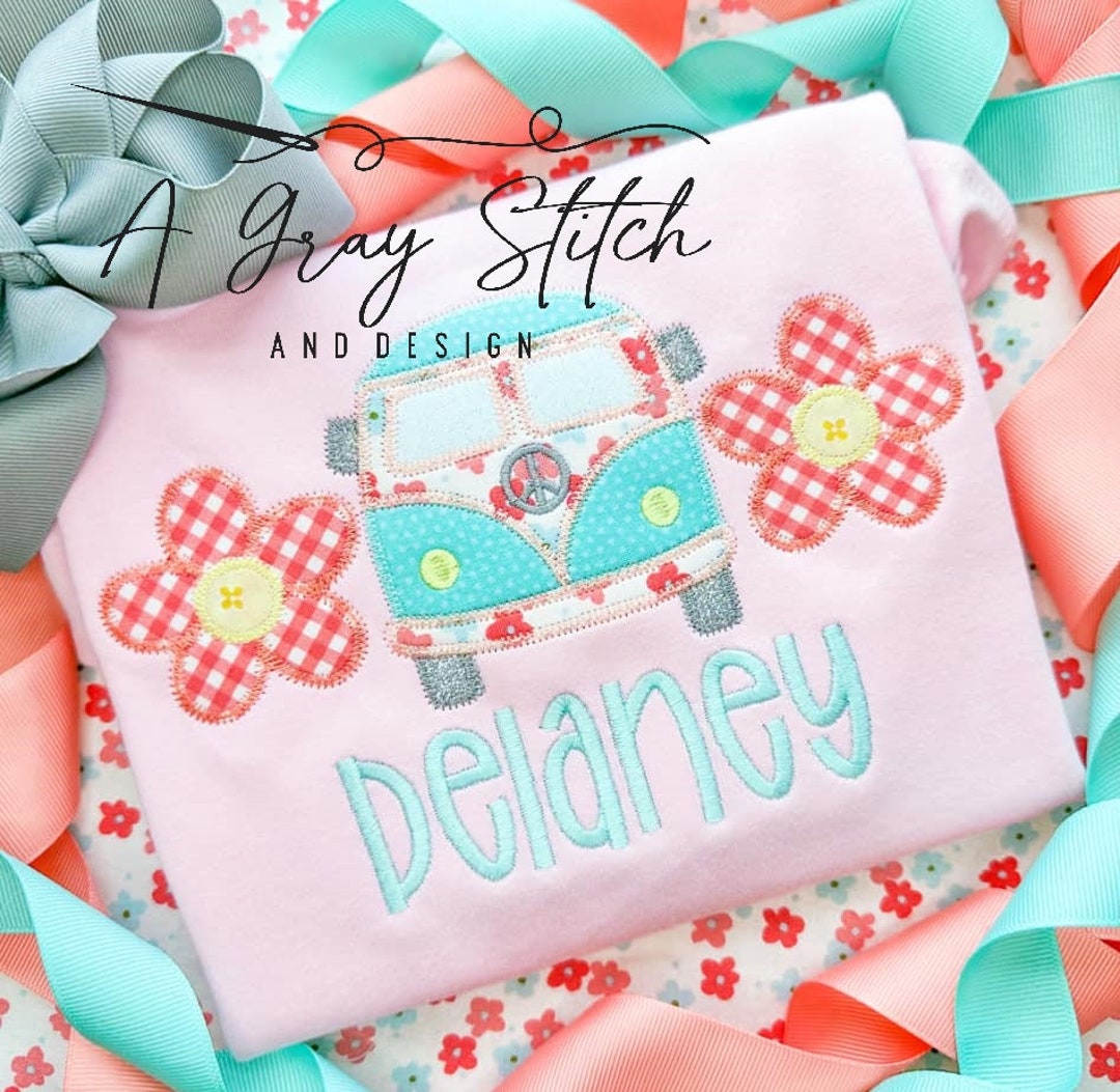 Groovy Retro Van and Daisies Zig Zag Applique Machine Embroidery Design ...