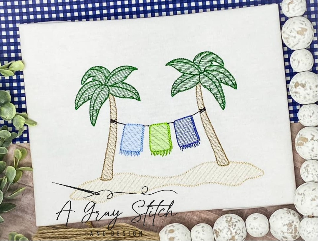 Sketch Fill Palm Tree Beach Scene With Towels Machine Embroidery Quick ...