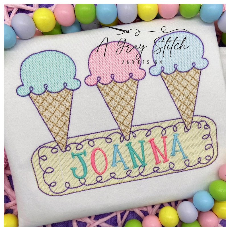 Sketch Fill Ice Cream Trio Quirky Machine Embroidery Quick Stitch ...