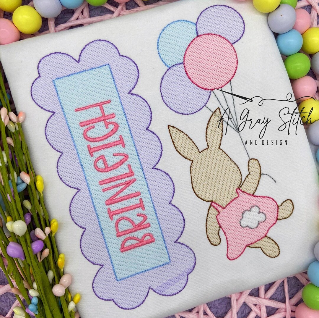 Sketch Fill Floating Balloon Girl Bunny Quick Stitch Easter Machine ...