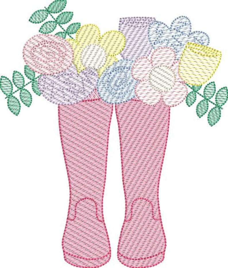 Floral Wellies Girly Sketch Fill Machine Embroidery Quick Stitch Design ...