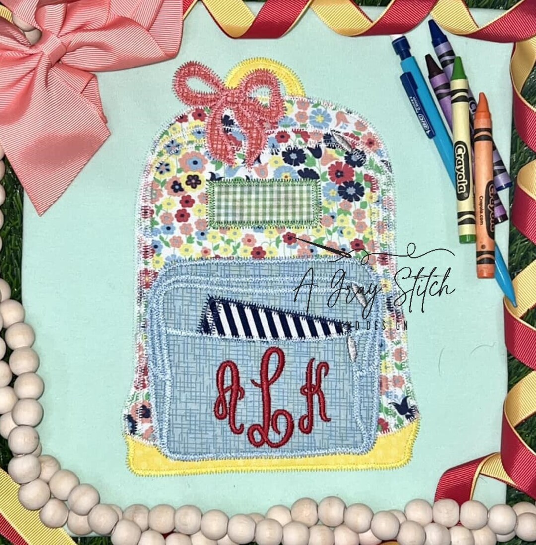 Zig Zag Applique Back to School Book Bag With Bow Machine Embroidery ...