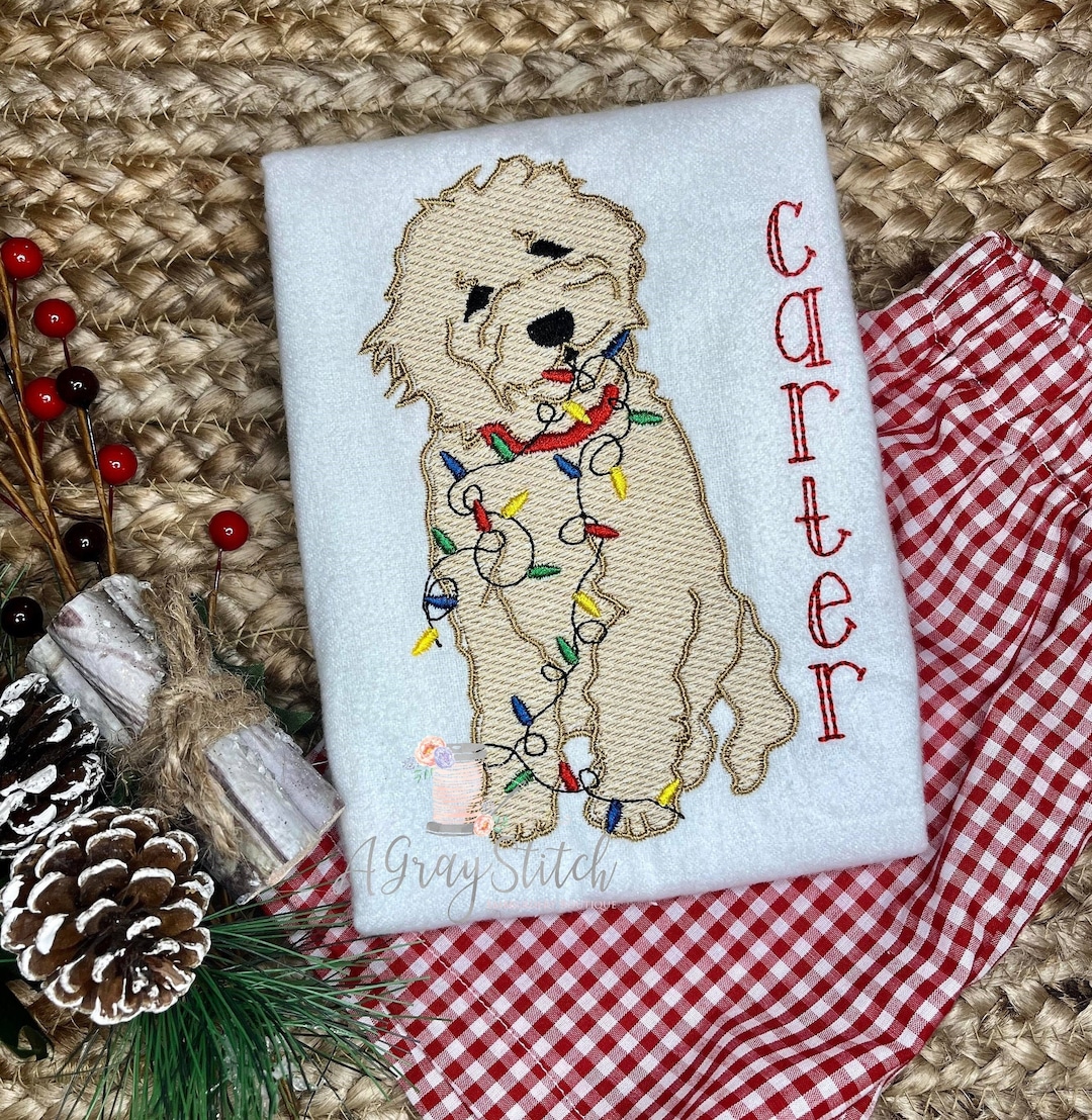 Sketch Fill Goldendoodle Dog With Christmas Lights Machine Embroidery ...
