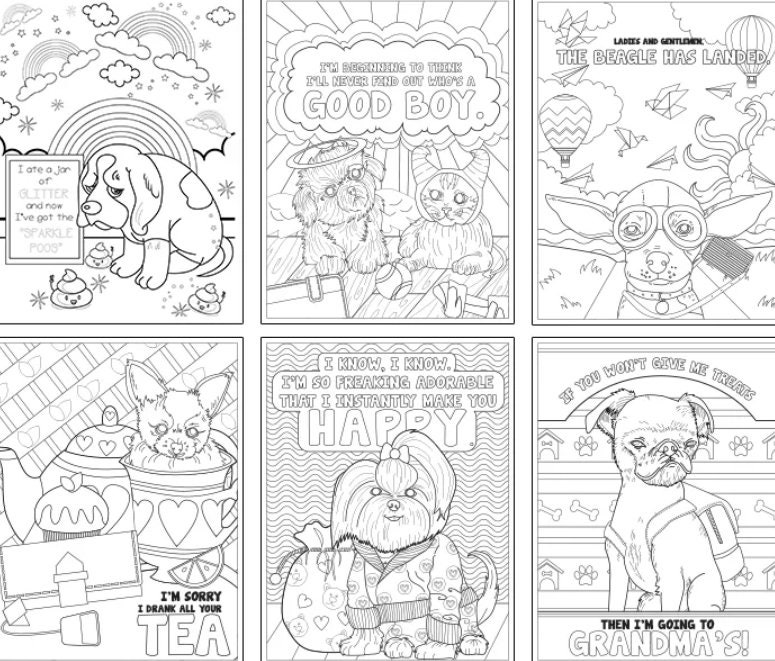 10 COLORING PAGES Dogs, Puppies, Funny, Cute, Adult Coloring Book ...