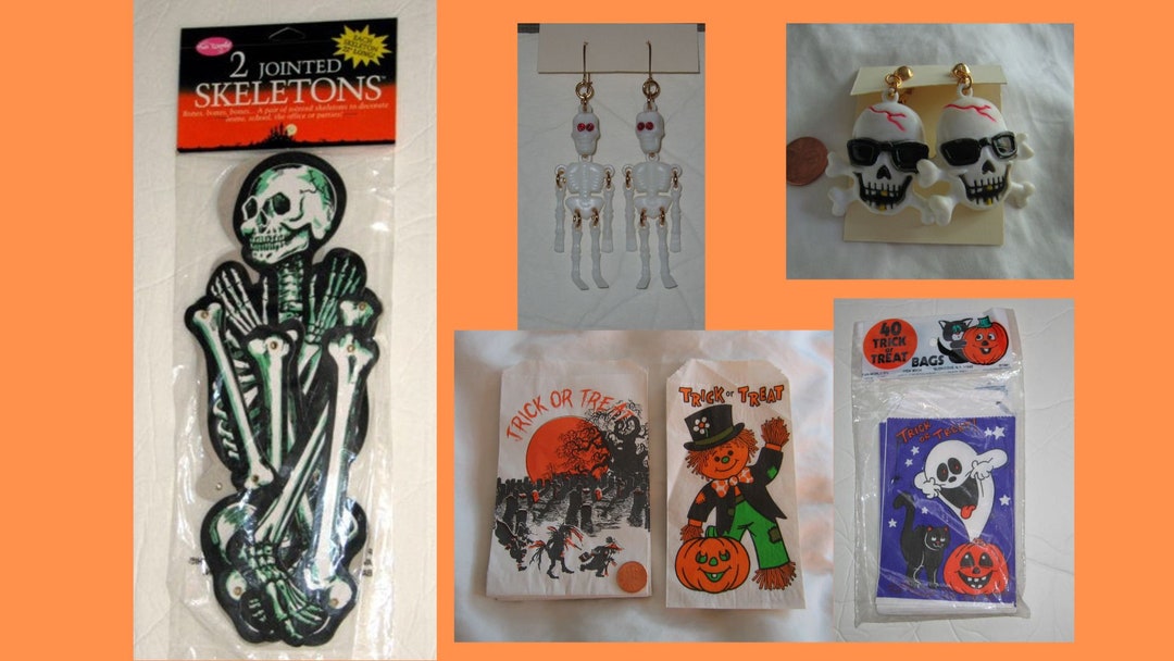 Vintage Paper Skeletons and Trick or Treat Ghost, Pumpkin, Cat, and ...