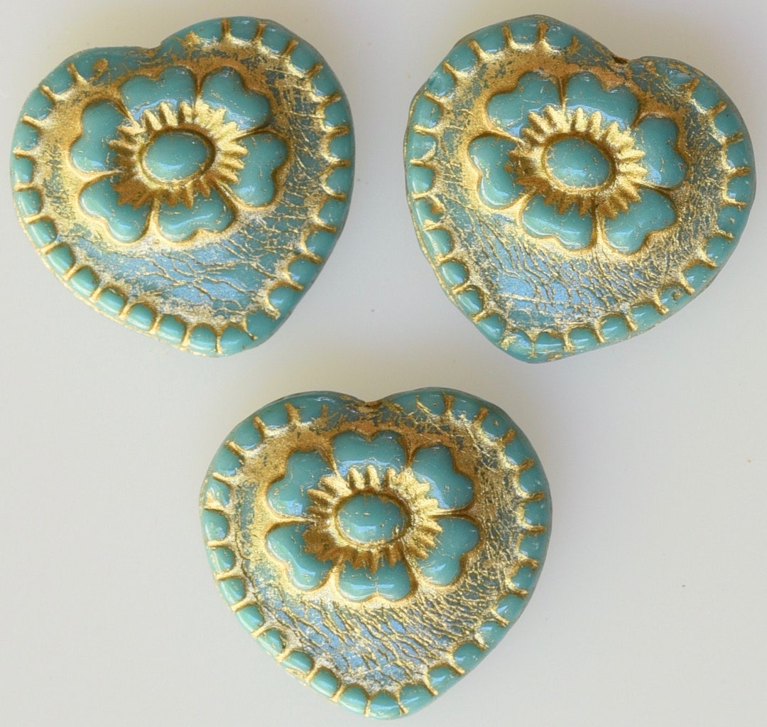 NEW COLORS * Czech Glass Large Heart Bead With Etched Flower Design ...