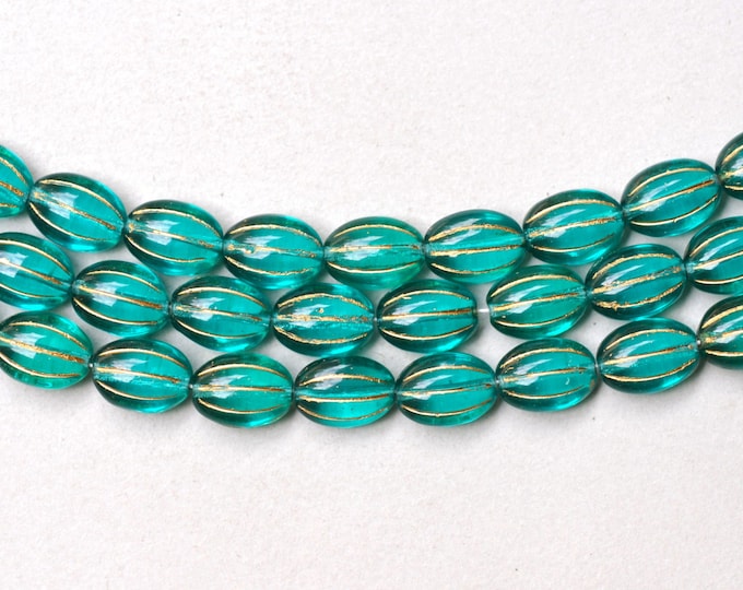 Oval Melon Bead With Gold Design - Czech Glass Beads - 12mm X 9mm ...