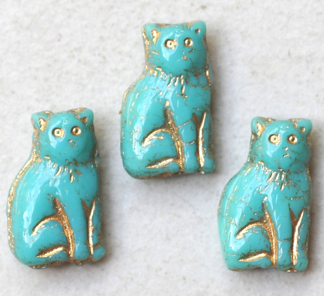 15mm Seated Cat Bead - Czech Glass Cat Beads - Turquoise Gold - Qty 10 ...