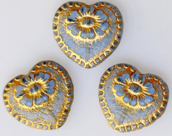 Czech Glass Large Heart Bead With Gold Etched Flower Design - Victorian ...