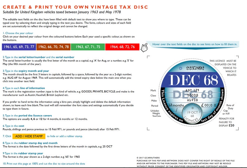 Edit and Print Your Own Replica Road Tax Disc 1963 1977 for | Etsy UK