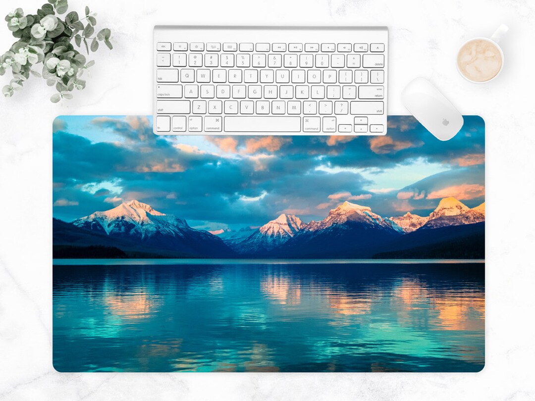Sunset Mountains Large Desk Mat, Mountain Photo, Blue Deskpad, Long ...