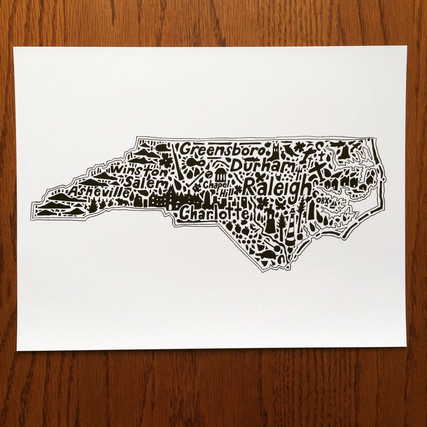 Hand-drawn North Carolina Map Art Print: NC Landmarks & Cities - Etsy
