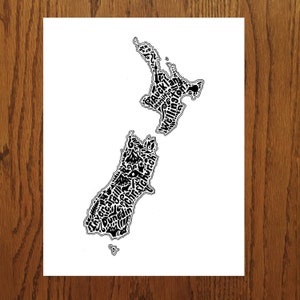 New Zealand Map Art Print - Signed 8.5" X 11" Print of Original Hand ...
