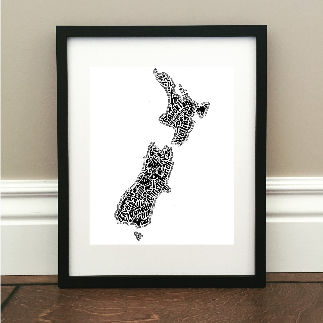 New Zealand Map Art Print Signed 8.5 X 11 Print of Original Hand Drawn ...