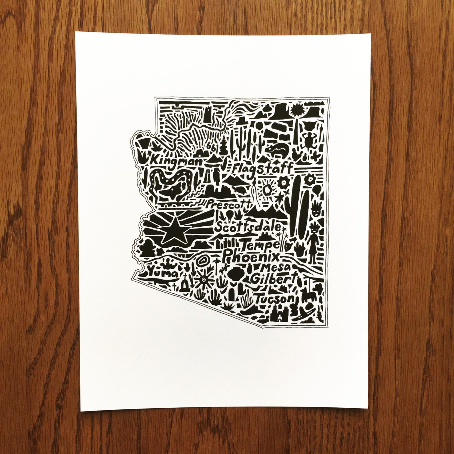 Hand-drawn Arizona Map Art Print: Black & White Landmark Illustration ...