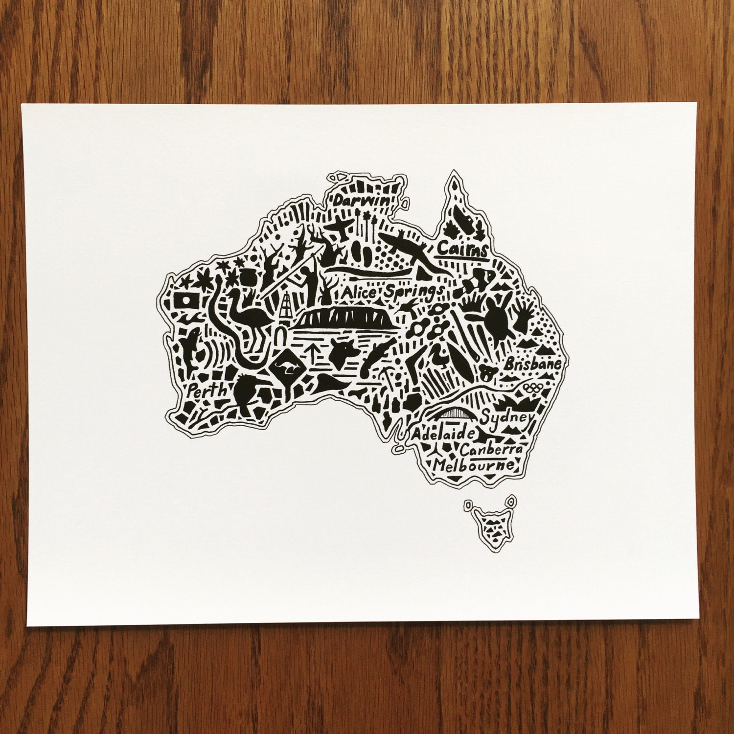 Australia Map Art Print: Hand-drawn Landmarks & Cities (8.5" X 11") - Etsy