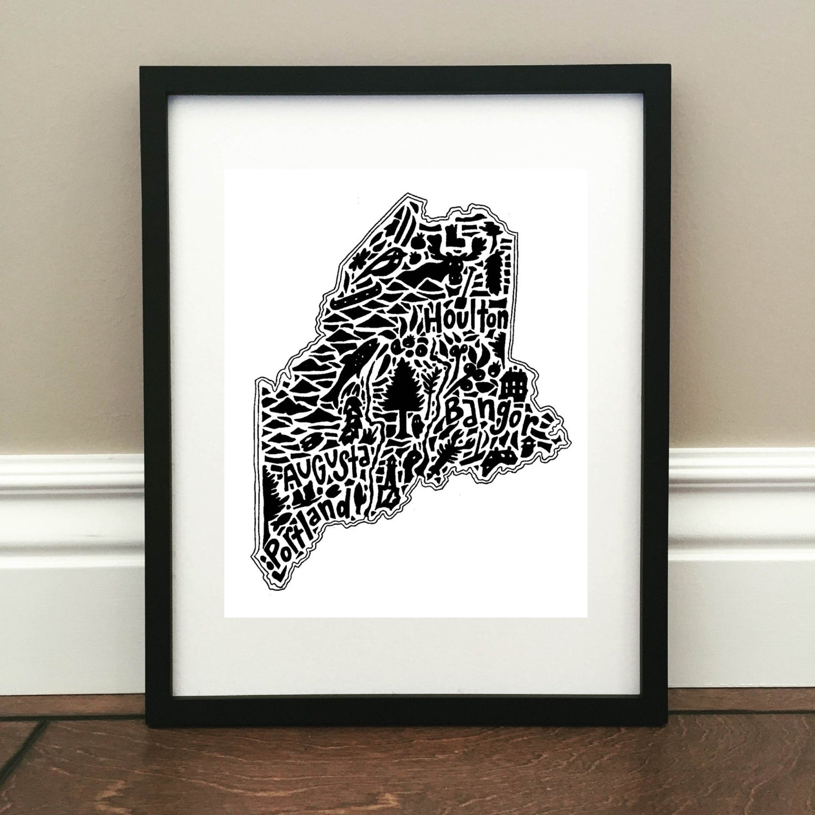 Maine Map Art Print - Signed 8.5" X 11" Print of Original Hand Drawn ...