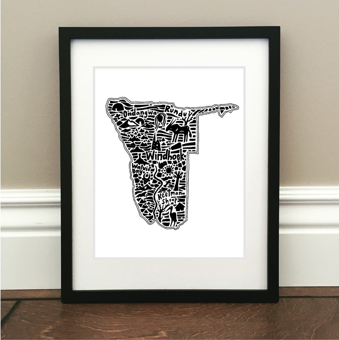 Namibia Map Art Print - Signed 8.5" X 11" Print of Original Hand Drawn ...