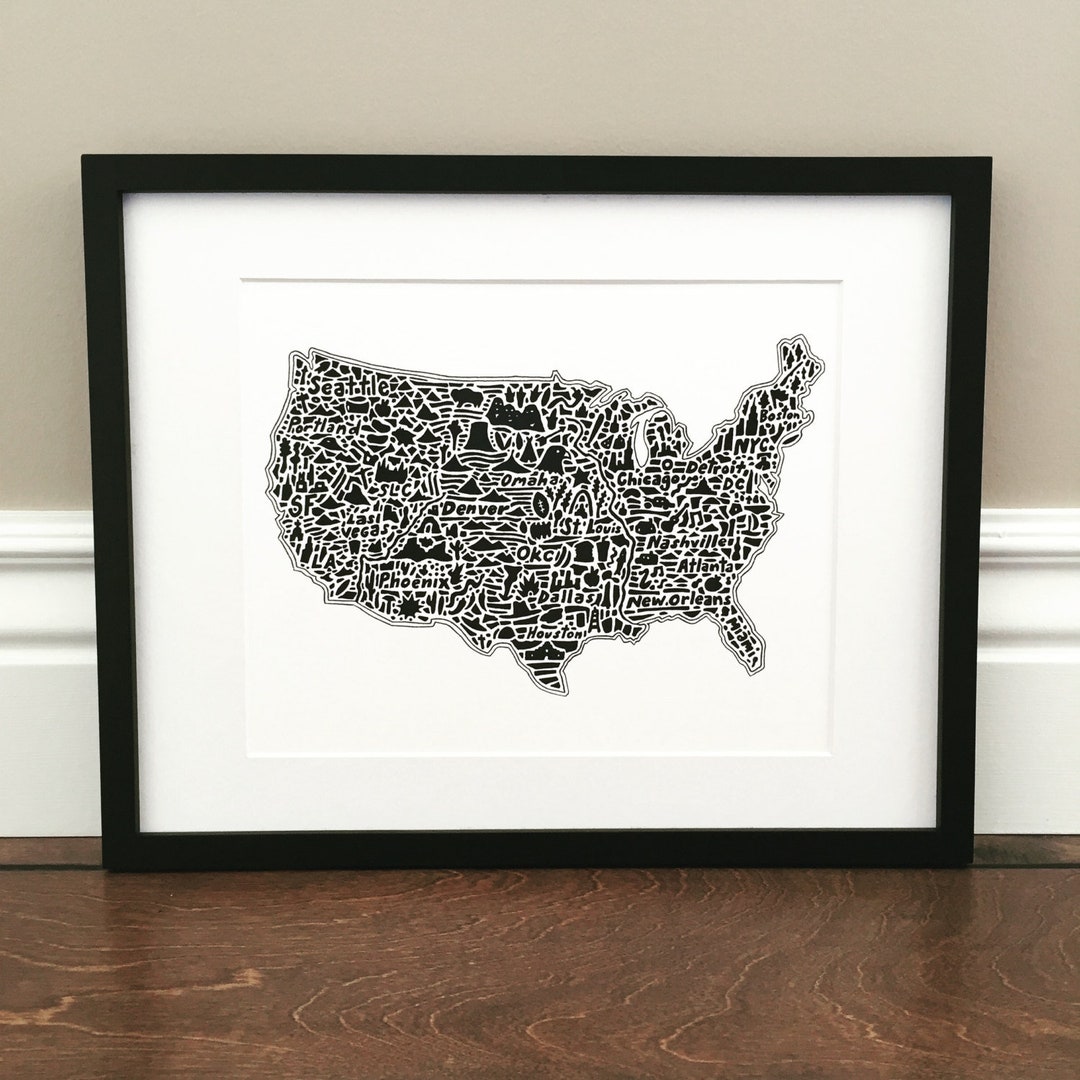 America Map Art Print - Signed 8.5" X 11" Print of Original Hand Drawn ...