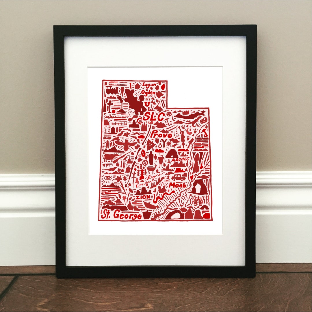 Utah Map Art Print - Colored Red - Signed 8.5" X 11" Print of Original ...