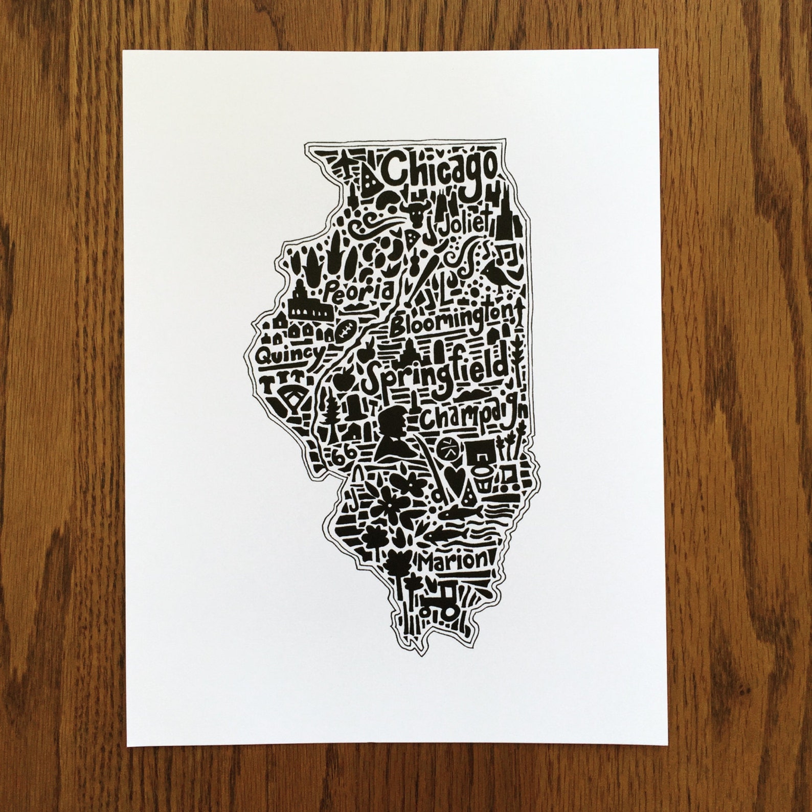 Illinois Map Art Print - Signed 8.5" X 11" Print of Original Hand Drawn ...