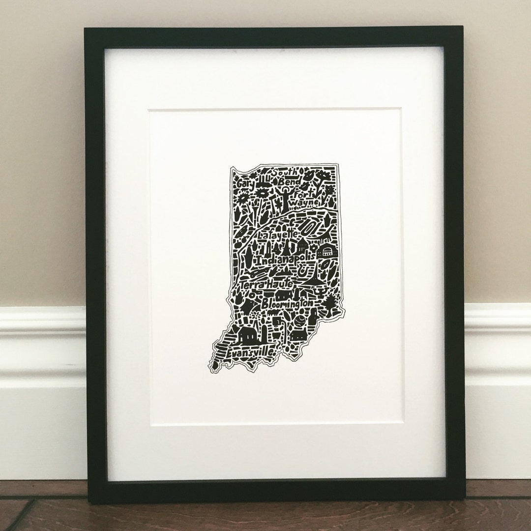 Indiana Map Art Print - Signed 8.5" X 11" Print of Original Hand Drawn ...