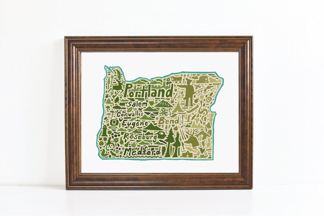 Oregon Landscape Map Art Print - Print of Original Hand Drawn Map ...