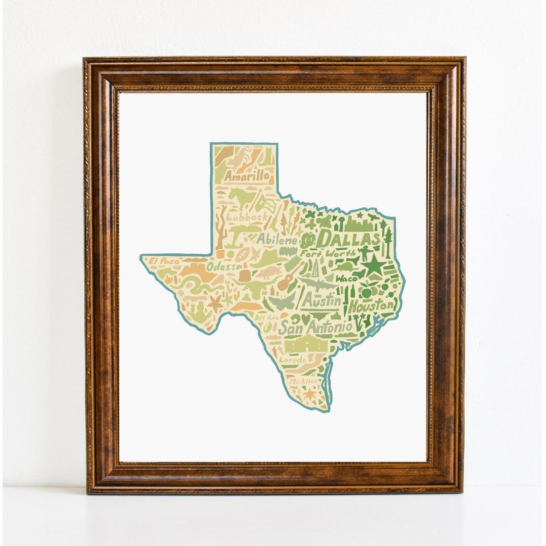 Texas Landscape Map Art Print - Print of Original Hand Drawn Map ...