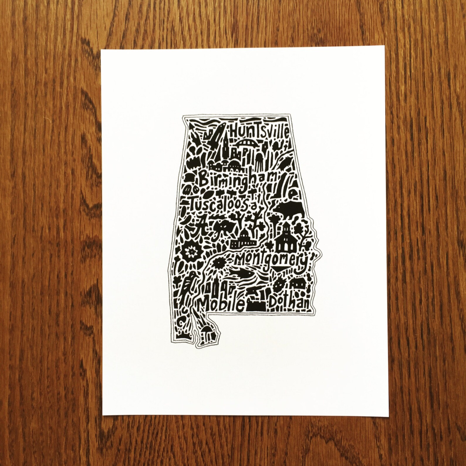 Alabama Map Art Print Signed 8.5 X 11 Print of | Etsy