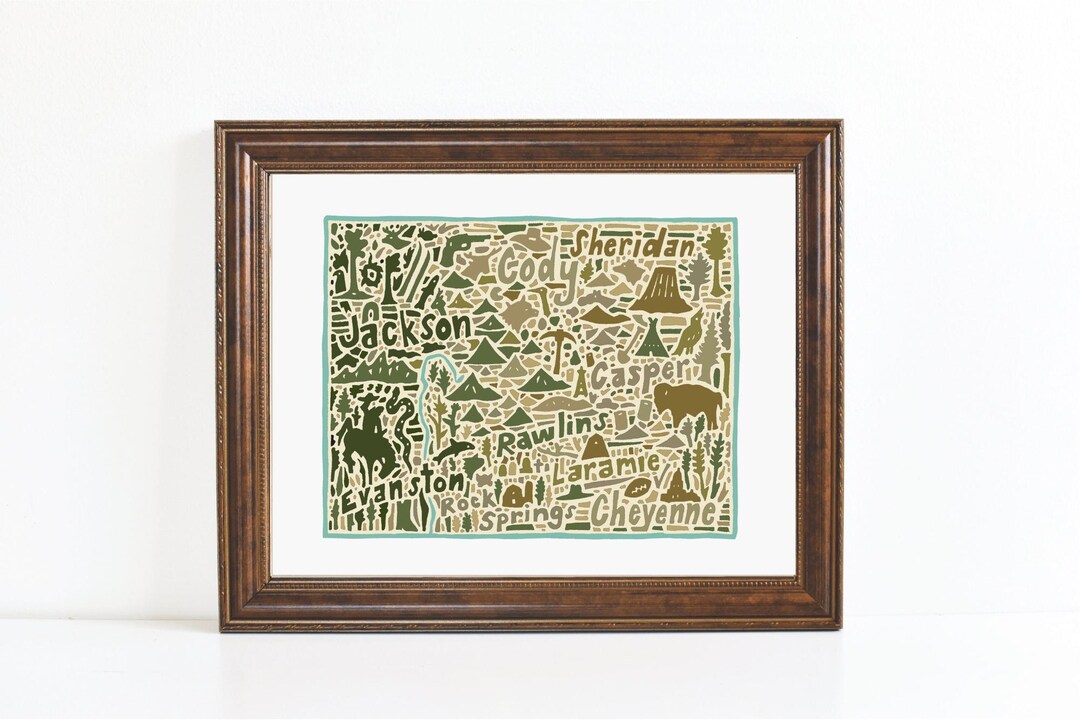 Wyoming Landscape Map Art Print - Print of Original Hand Drawn Map ...
