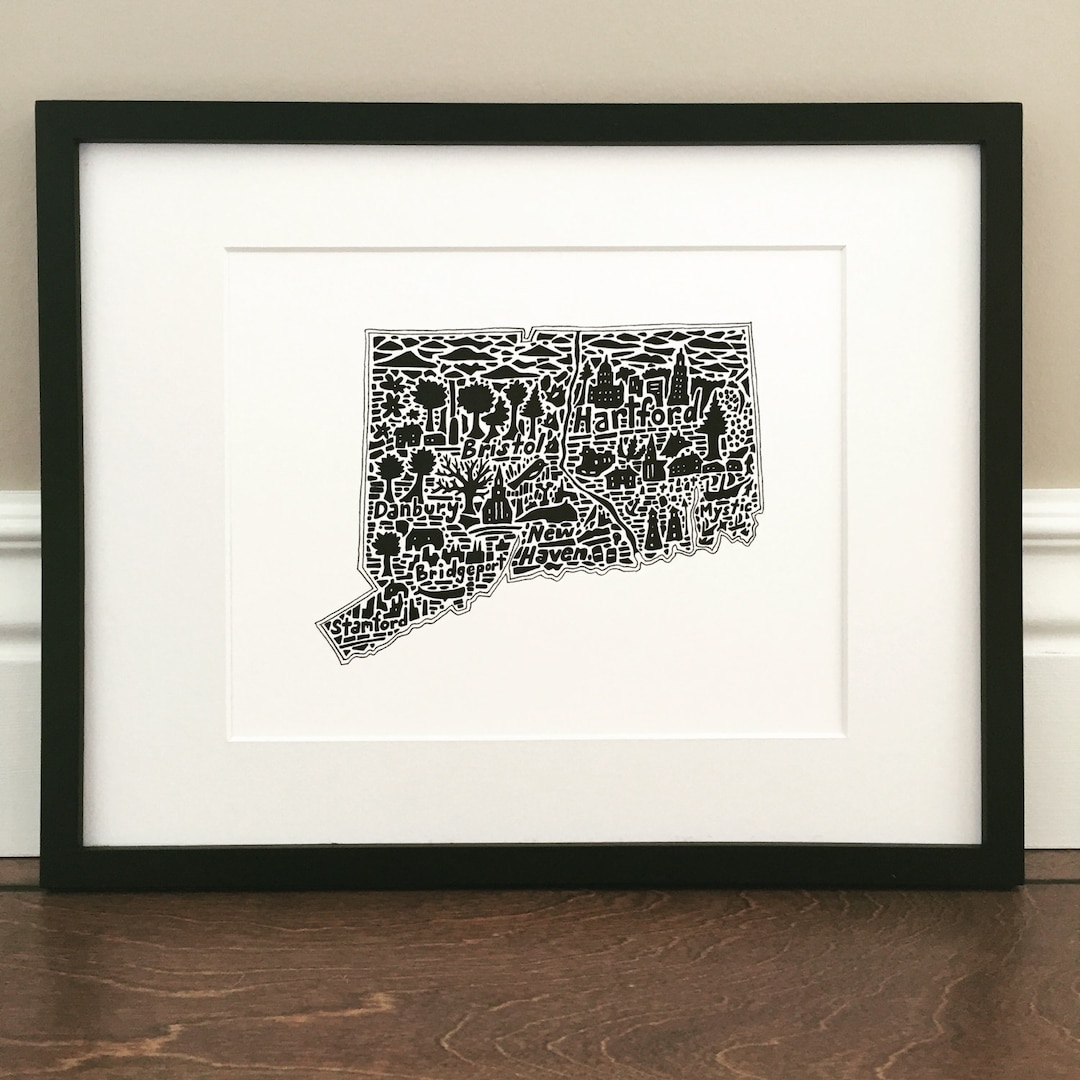 Connecticut Map Art Print - Signed 8.5" X 11" Print of Original Hand ...