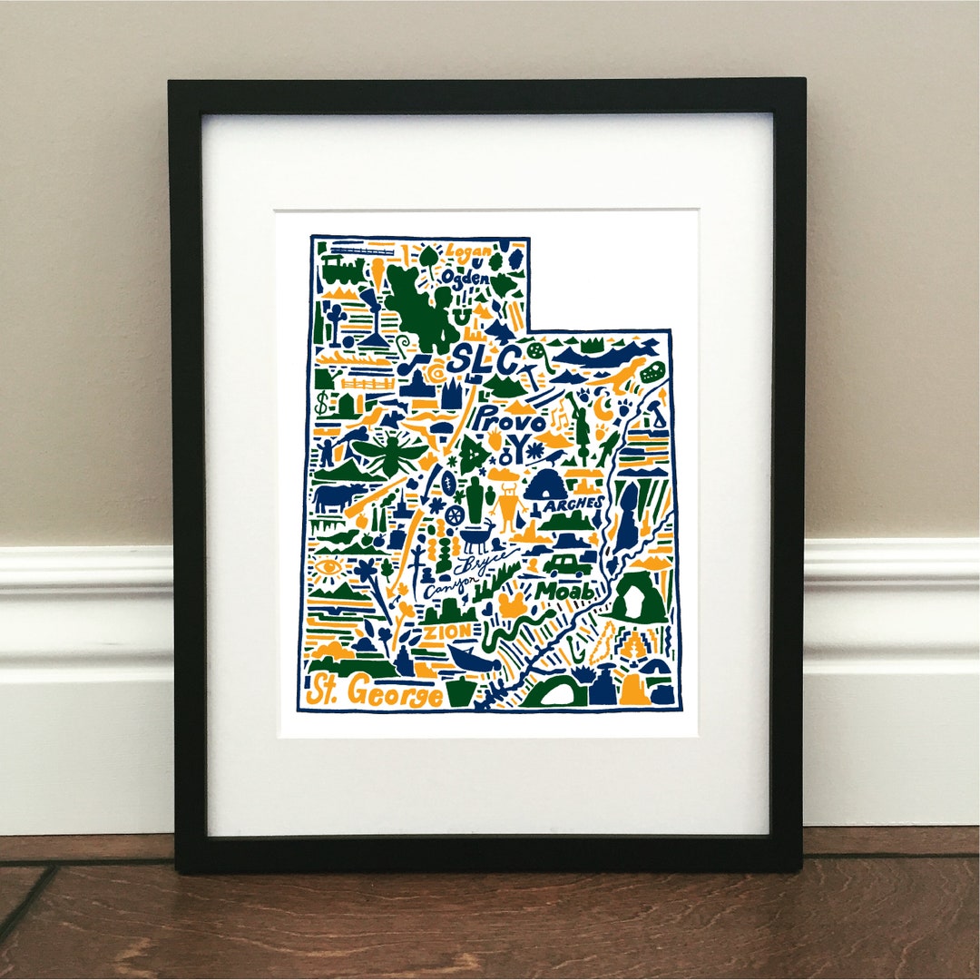 Utah Map Art Print - Team Colored - Signed 8.5" X 11" Print of Original ...
