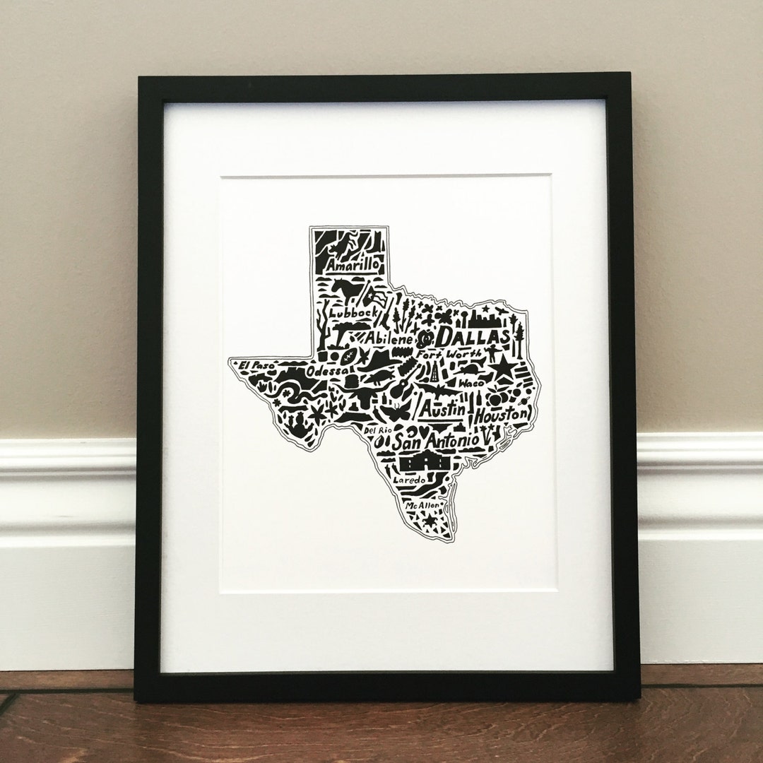 Hand-drawn Texas Map Art Print: Black & White Landmarks - Etsy