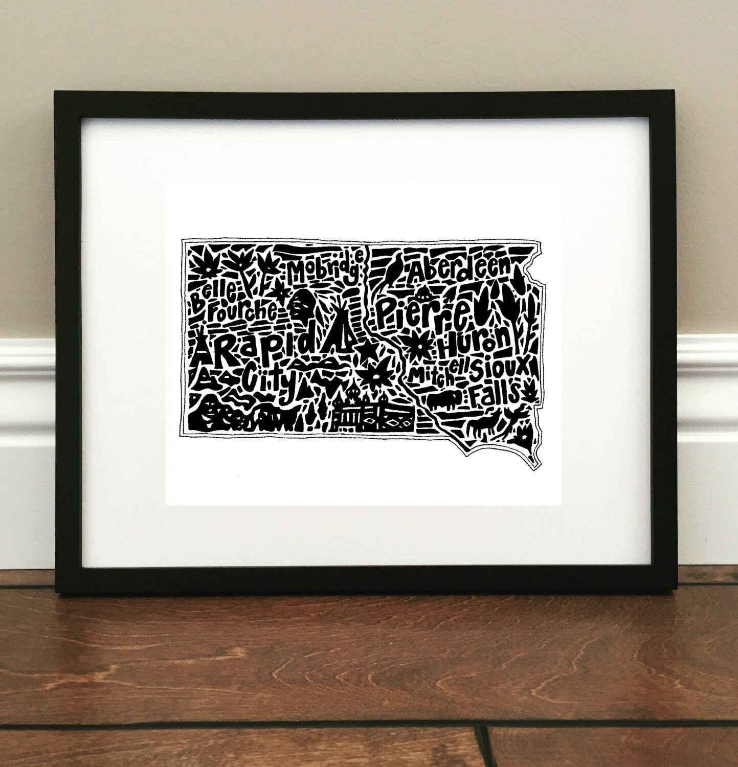 South Dakota Map Art Print - Signed 8.5" X 11" Print of Original Hand ...