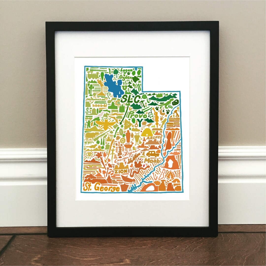 Utah Map Art Print - Colored - Signed 8.5" X 11" Print of Original Hand ...