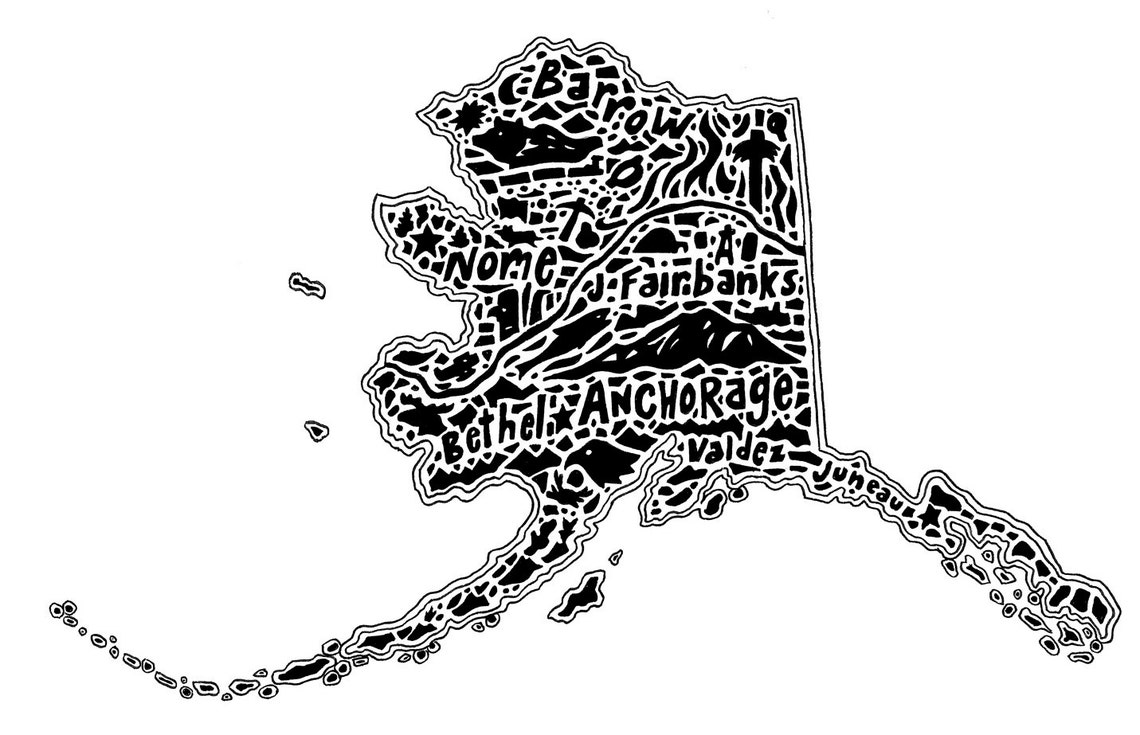 Alaska Map Art Print - Signed 8.5" X 11" Print of Original Hand Drawn ...