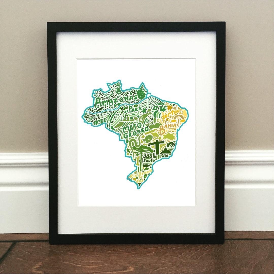 Brazil Map Art Print Colored Signed 8.5 X 11 Print of Original Hand ...