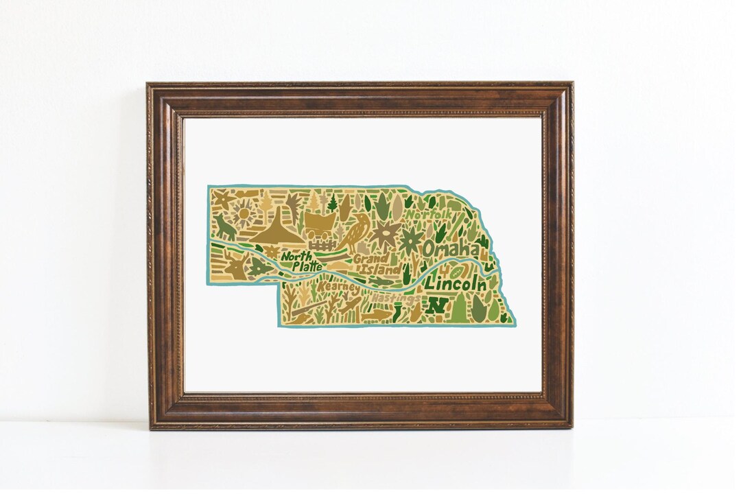 Nebraska Landscape Map Art Print - Print of Original Hand Drawn Map ...