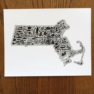 Massachusetts Map Art Print - Signed 8.5" X 11" Print of Hand Drawn Map ...