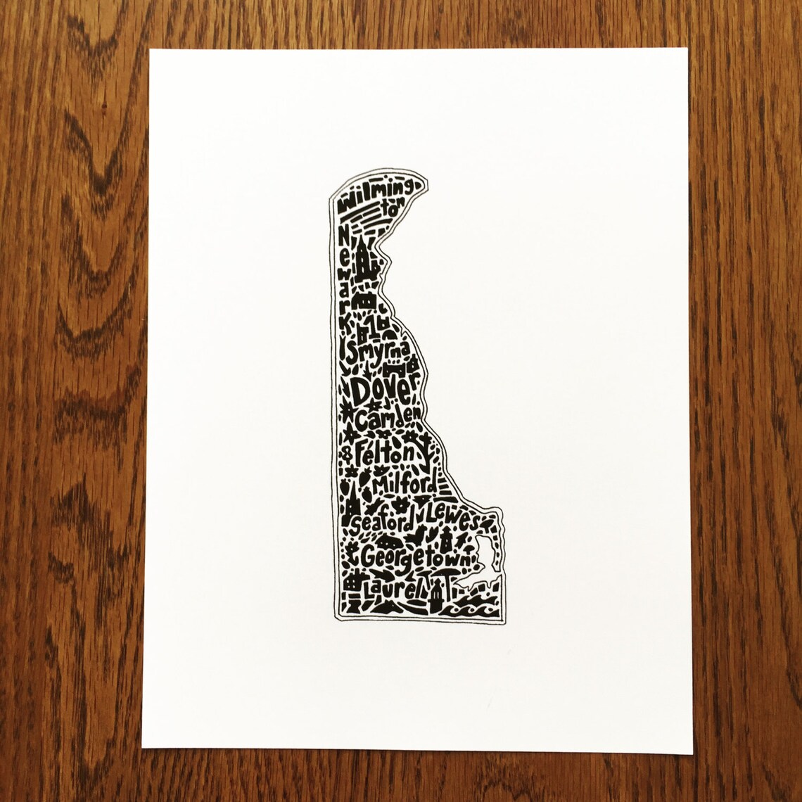 Delaware Map Art Print - Signed 8.5" X 11" Print of Original Hand Drawn ...