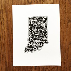 Indiana Map Art Print - Signed 8.5" X 11" Print of Original Hand Drawn ...
