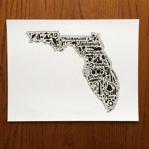 Florida Map Art Print - Signed 8.5" X 11" Print of Original Hand Drawn ...
