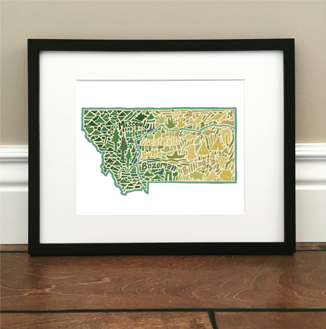 Montana Map Art Print - Colored Landscape - Signed 8.5" X 11" Print of ...