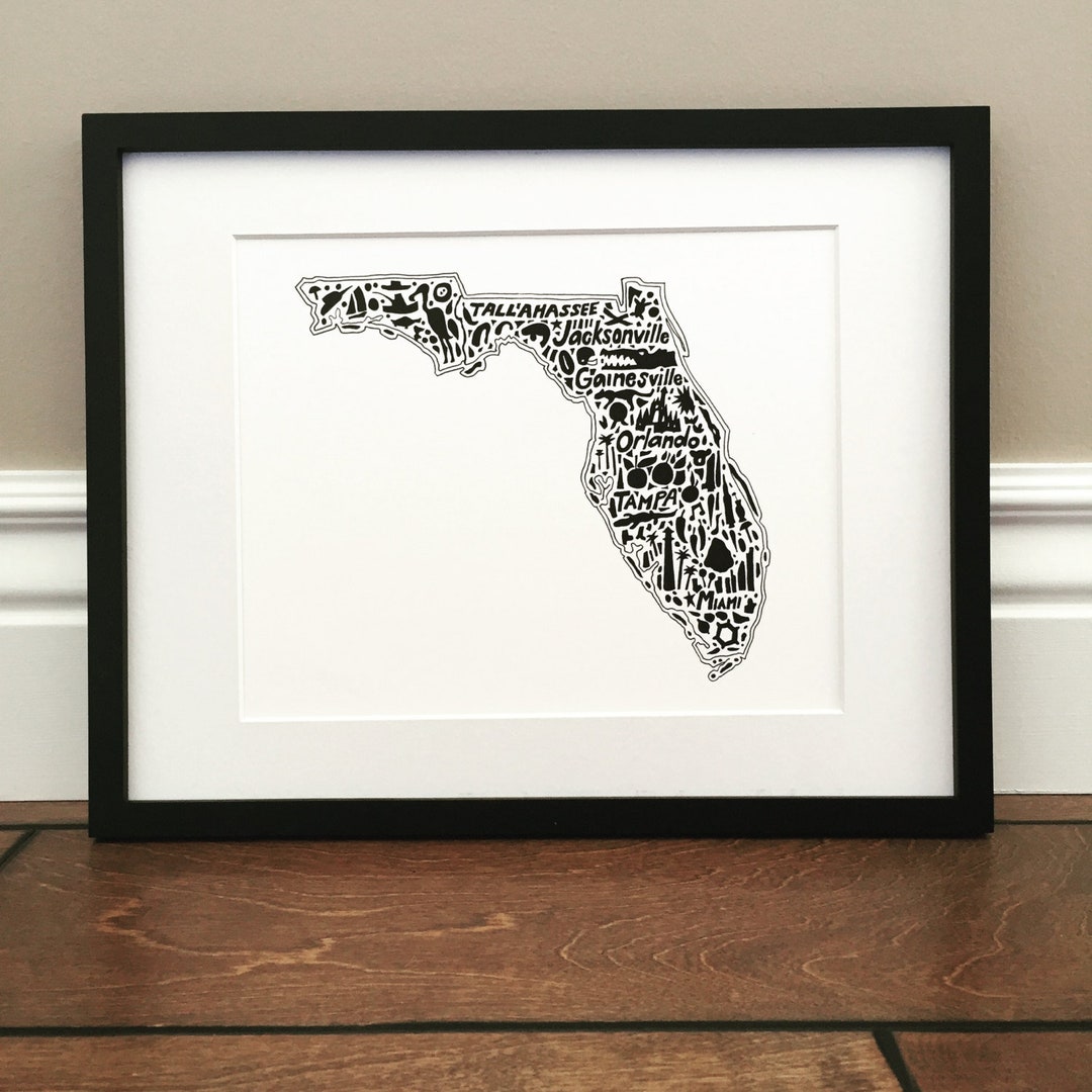 Florida Map Art Print - Signed 8.5" X 11" Print of Original Hand Drawn ...