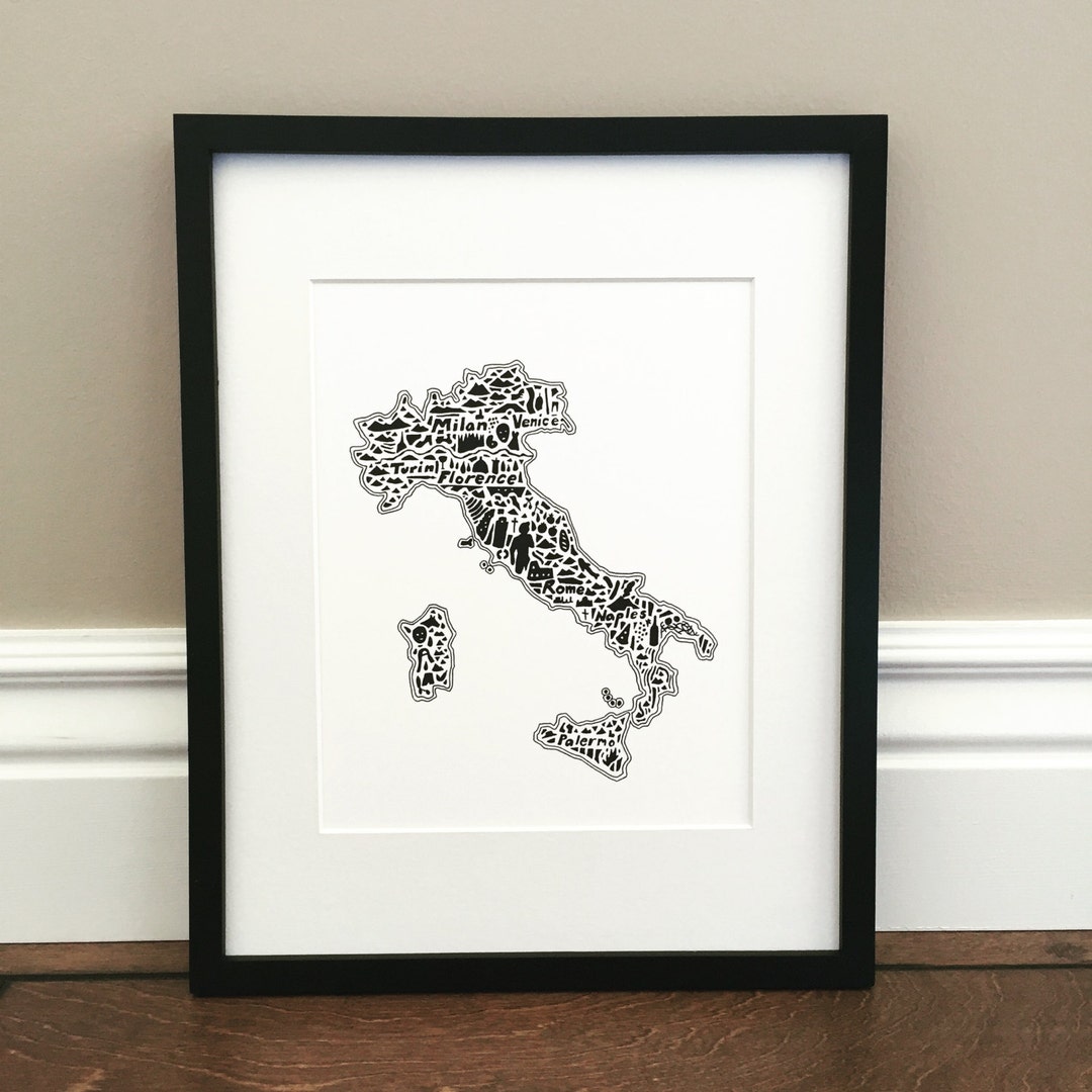 Italy Map Art Print - Signed 8.5" X 11" Print of Original Hand Drawn ...